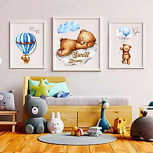 Tedy Bear Sleeping on The Moon and Stars Wall Stickers for Kids Baby Room Decor Sweet Dream Moon Hot Air Star Baby Nursery Decor Room Interior Decor Kid Bedroom Playroom Wall Decals (Blue)