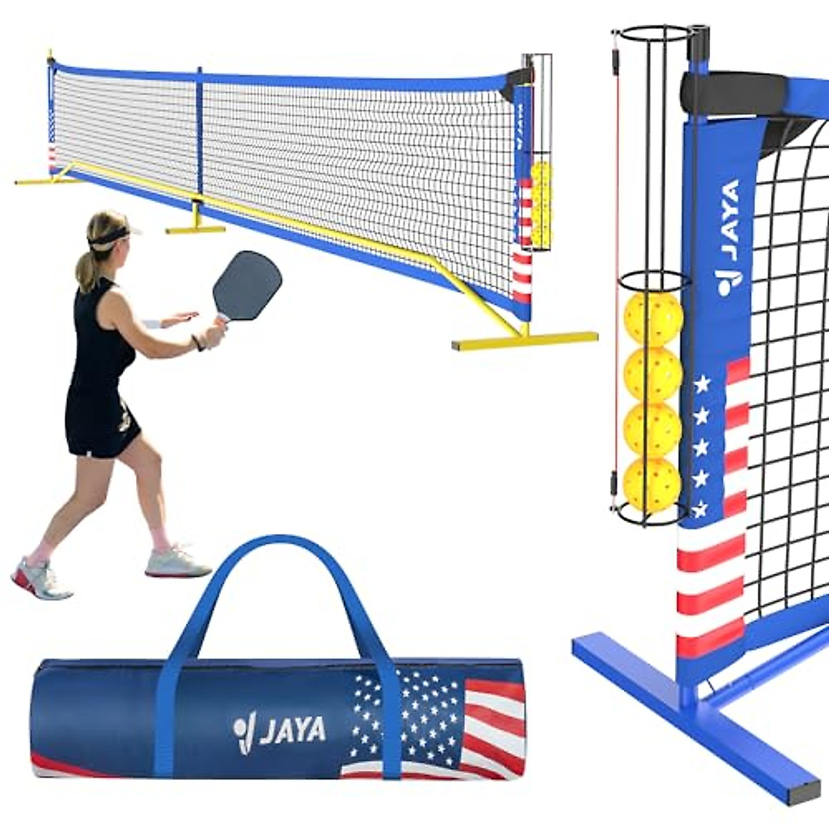 JAYA Pickleball Nets Portable Outdoor, 22FT Regulation Size Pickleball Net with Carrying Bag for Driveway Backyards Blue with Flag Blue