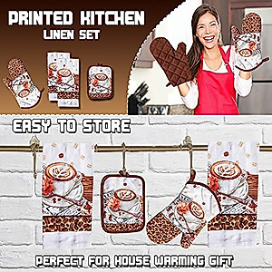 Lobyn Value Packs - 2 Coffee Kitchen Dish Towels, Matching Potholder & Oven Mitt Linen Set Steaming Style for Your Kitchen Decor Featuring Cafe Themes