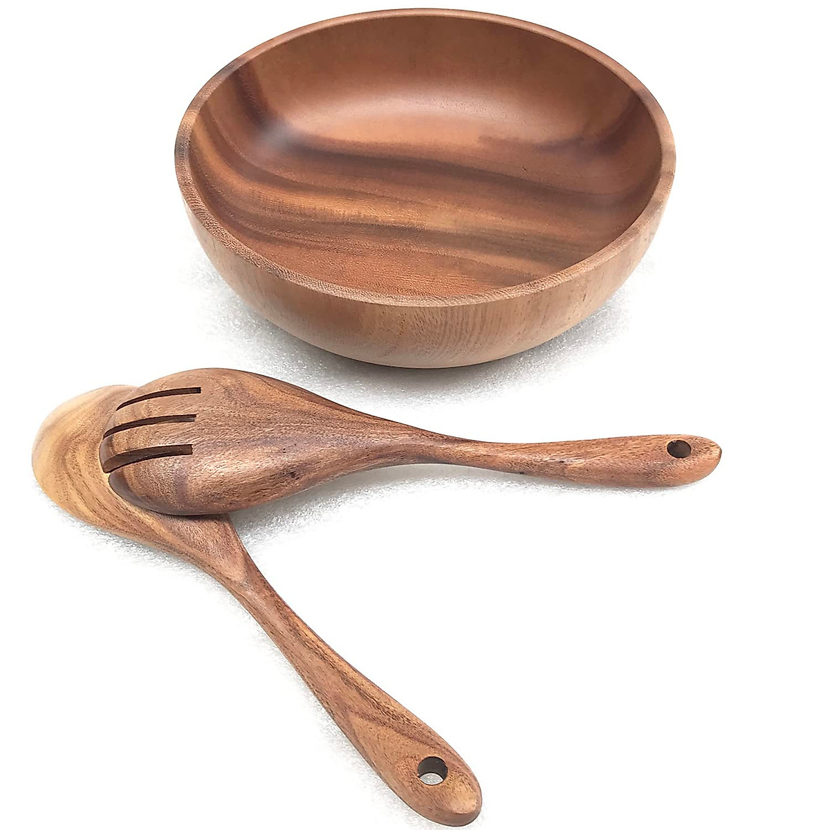 XD MEXL Wooden Bowl Wooden Salad Bowl Set, 9.45 inch Acacia Wood Large Salad Serving Bowl with Fork and Spoon, Handmade Wooden Mixing Bowl Utensils Set (3pcs)