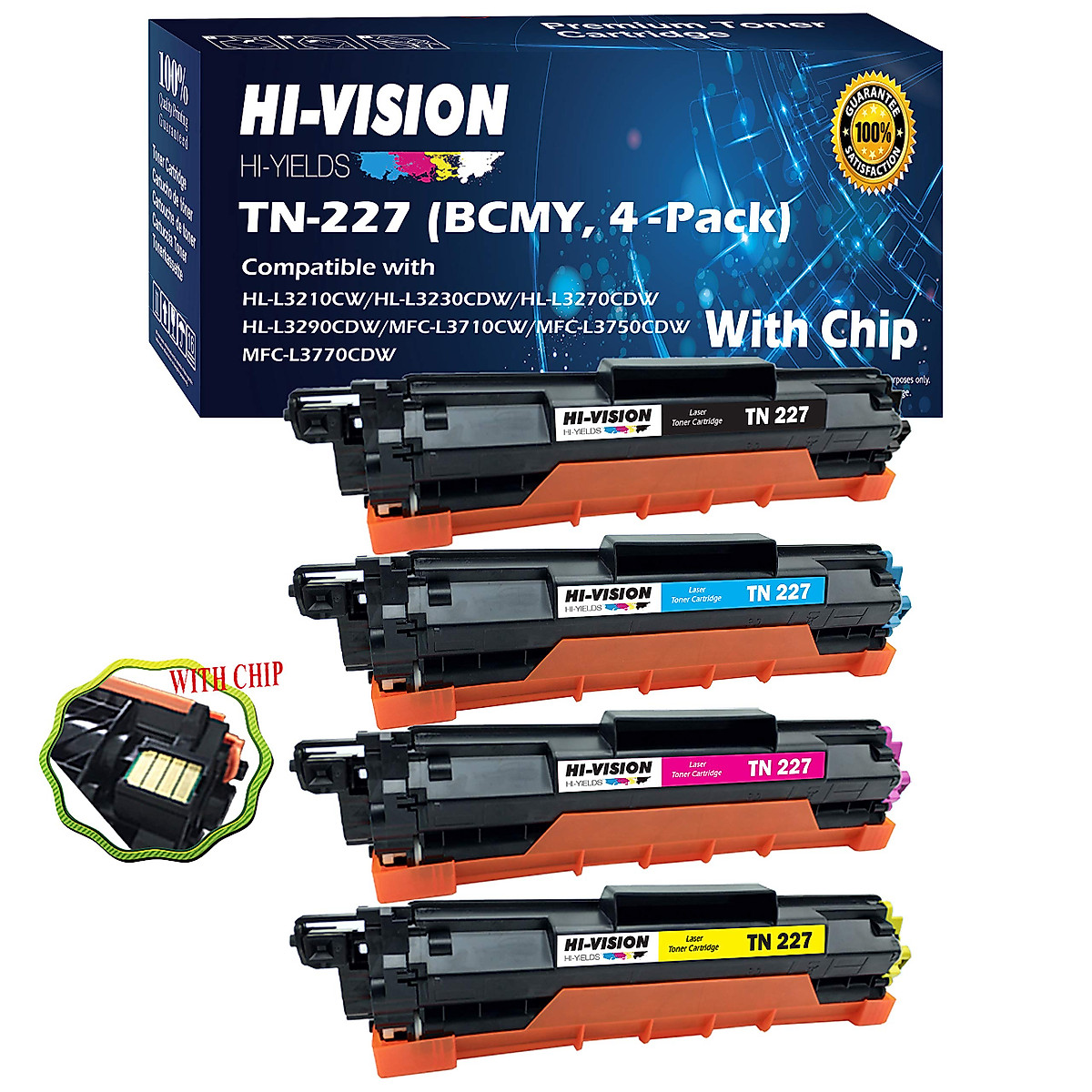 (1B+1C+1Y+1M,4-Pack) HI-VISION HI-YIELDS Compatible (Chip Pre-installed) TN-227BK TN-227C TN-227M TN-227Y TN227 Toner Cartridge Replacement, Suitable for HL-L3210CW HL-L3270CDW HL-L3290CDW MFC-L3710CW