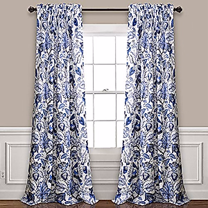 Lush Decor Cynthia Jacobean Darkening Window Curtains Panel Set for Living, Dining Room, Bedroom (Pair), 95" L, Blue