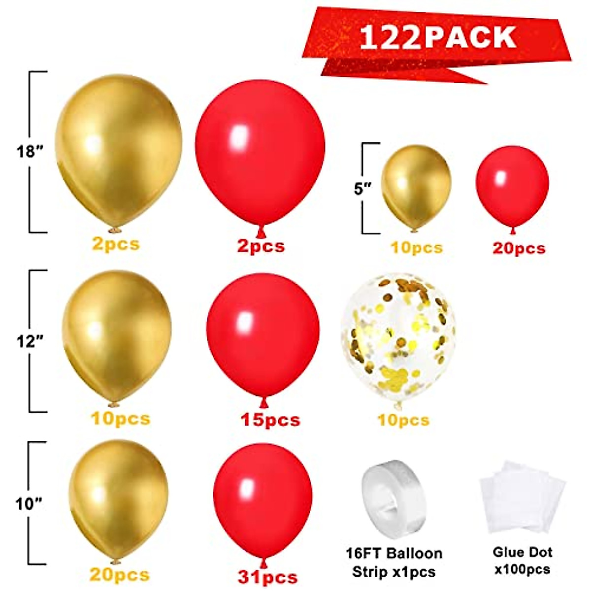 Red and Gold Balloons Garland Arch Kit, 122Pcs 18 12 10 5In Red Metallic Gold and Gold Confetti Balloons with Balloon Strip for Graduation Anniversary Wedding Bachelorette Birthday Party Decorations