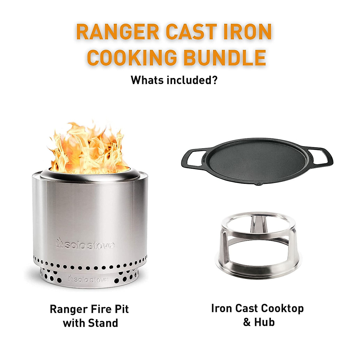 Solo Stove Ranger Cast Iron Griddle Cooking Bundle 2.0 | Portable Smokeless Fire Pit, Stand, Griddletop & Hub, Wood Burning, Removable Ash Pan, Stainless Steel/Cast Iron, H: 22in x Dia: 14.25in, 31lbs