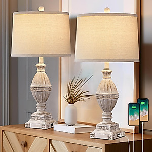 Drawealth Farmhouse Bedside Table Lamps Set of 2 Lamps for Nightstand with USB Charging Ports Vintage Traditional Tall Table Lamps for Bedroom Living Room End Tables, Bulbs Not Included