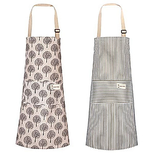 Syhood 2 Pieces Linen Cooking Kitchen Apron for Women and Men Kitchen Bib Apron with Pocket Adjustable Soft Chef Apron
