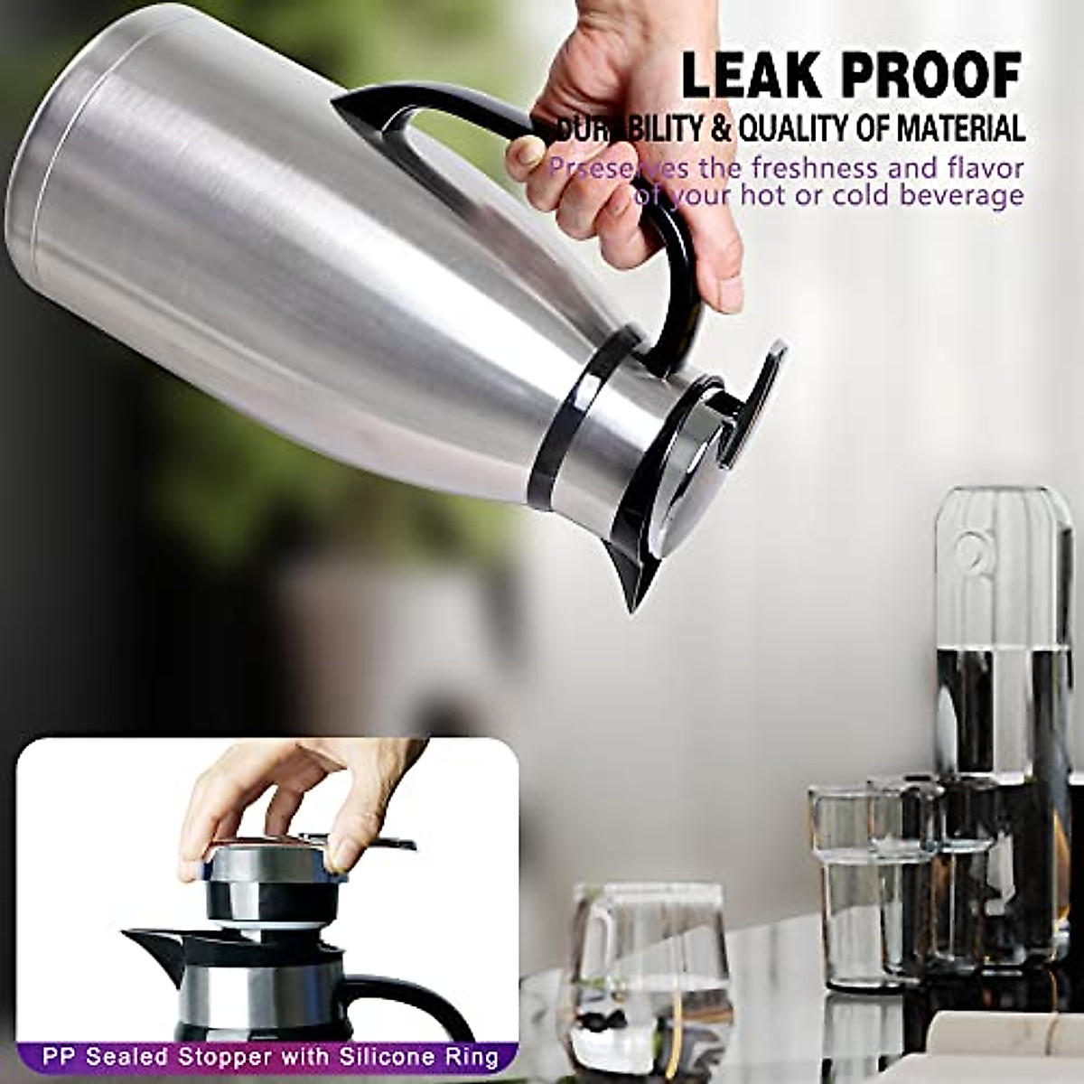 Thermal Coffee Carafe 102OZ, Goteble Double Wall Vacuum Flask, 3L Large Capacity Suitable for Large Family and Small Party Silver