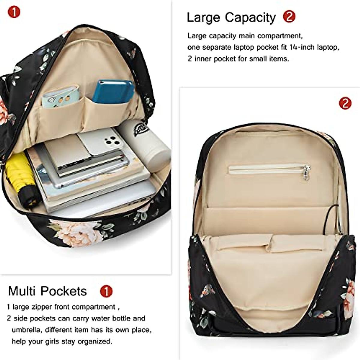 LEDAOU School Backpack for Teen Girls Women Bookbag School Bag 15.6 inch Laptop Backpack Daypack for School Travel (Floral Black-2)