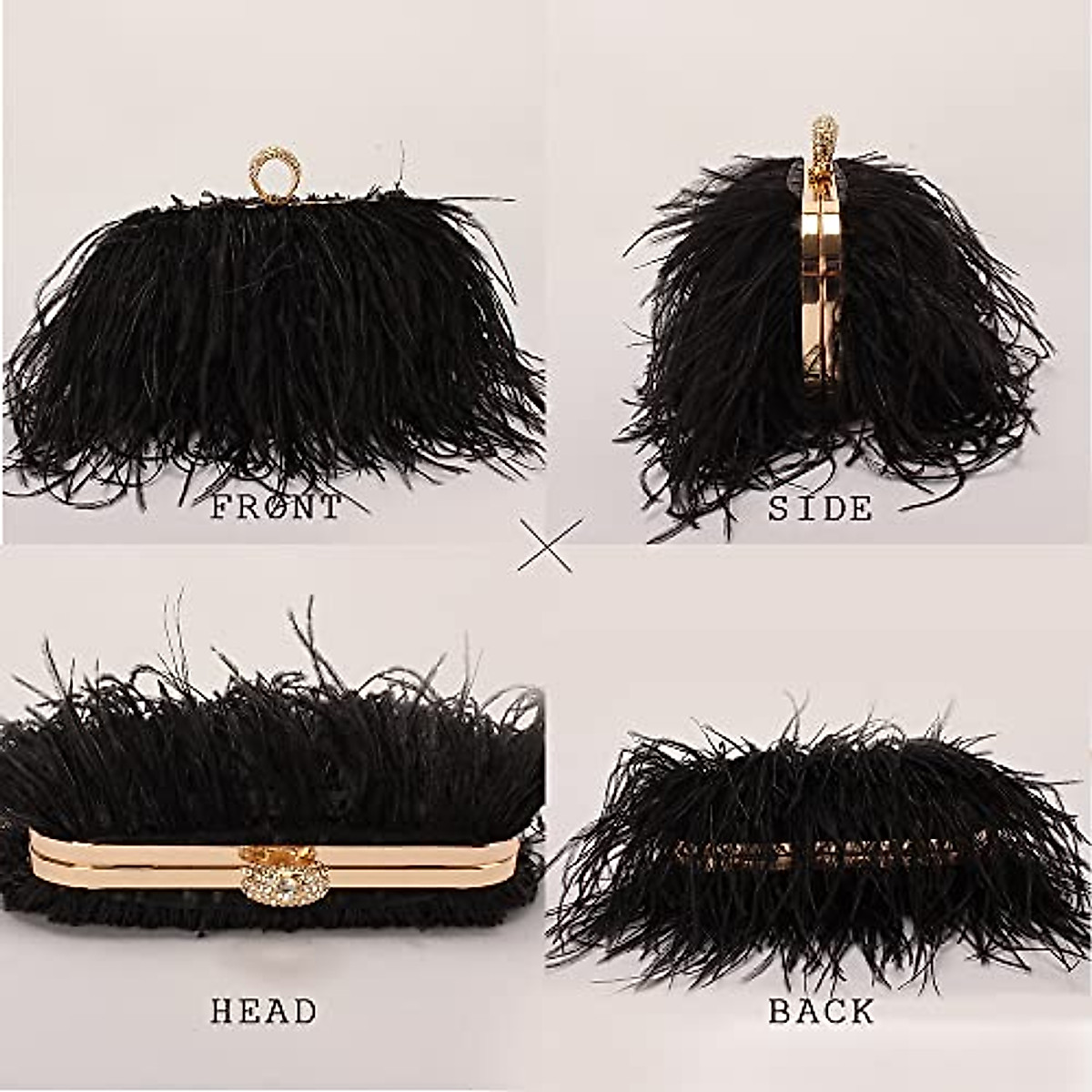Women Real Natural Ostrich Feather Evening Bags Purses Clutch Vintage Banquet Handbag (black)