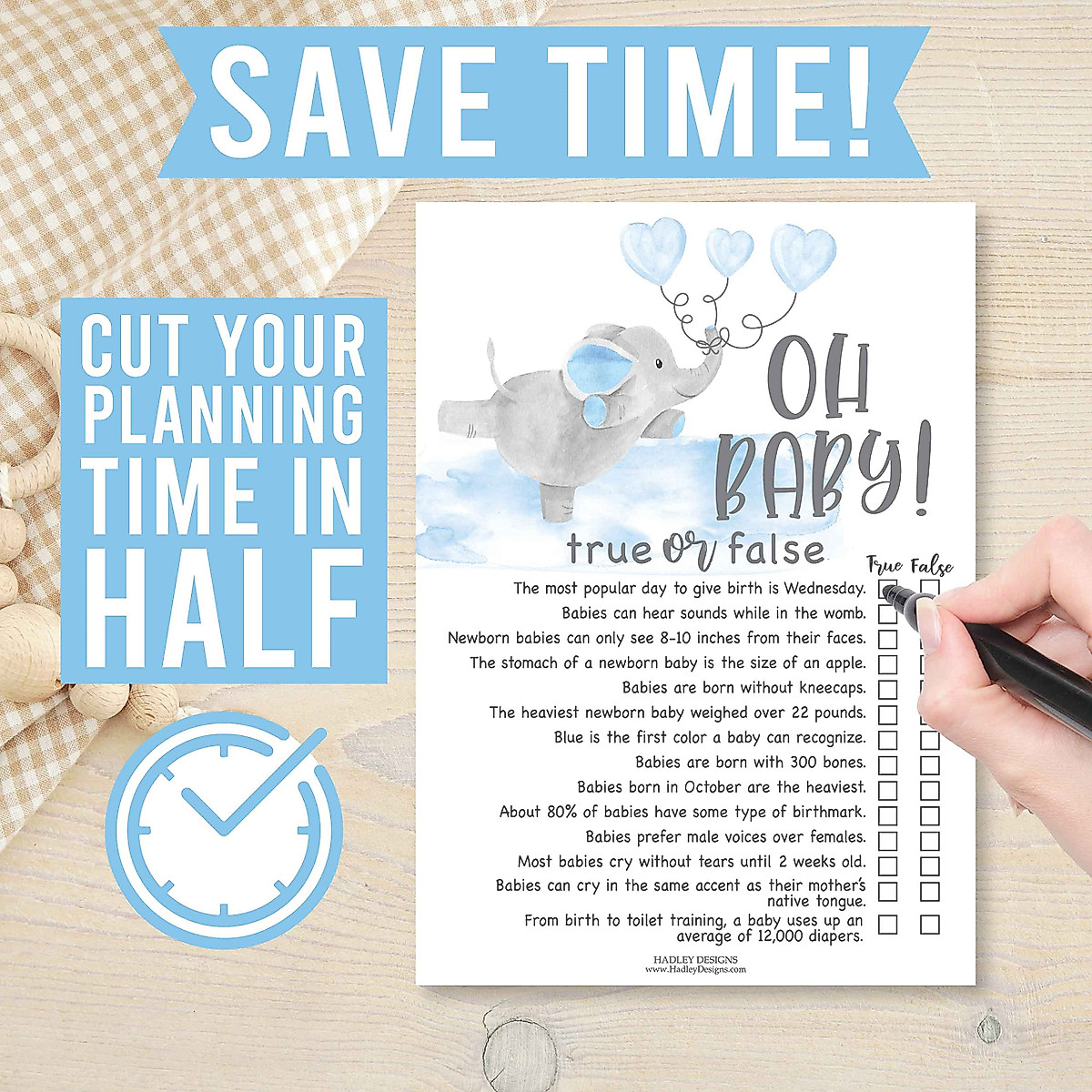 Hadley Designs Blue Elephant Baby Shower Games for Boys - 2 Games Double Sided, 25 Word Scramble for Baby Shower Ideas, 25 True Or False Baby Shower Game, Fun Baby Shower Games, Party Supplies