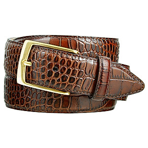 Joseph Gold Buckle Women's Designer Leather Dress Belt 1-3/8" Wide (Alligator Brown, 34)