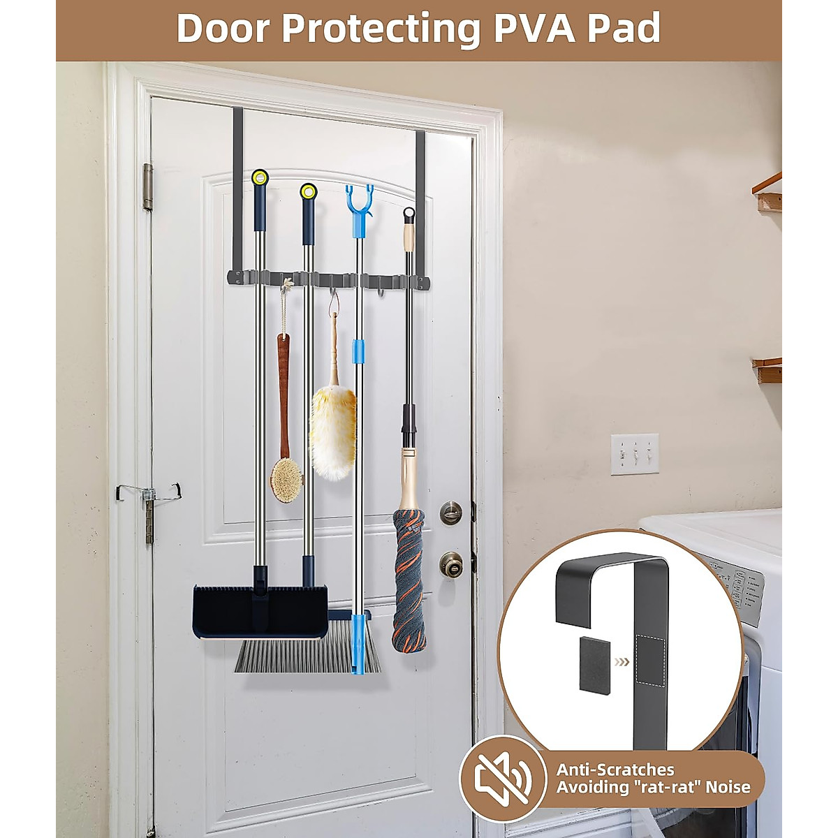 Broom Holder Over The Door 2PCS-304 Stainless Steel Mop and Broom Holder Wall Mounted or Hanging Over The Door with Hooks - Broom Hanger, Tool Organizer for Garage Closet Laundry -Space grey