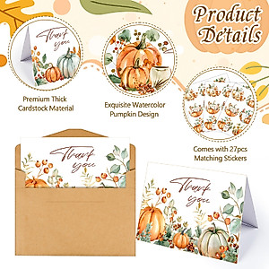 Konsait Pumpkin Thank You Cards, 24 Pack Watercolor Pumpkin Fall Thank You Cards with Envelopes and Stickers, 6 Design Bulk Thank You Cards for Thanksgiving Baby Shower Wedding