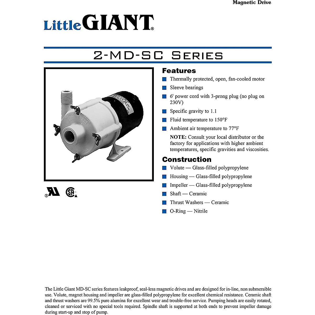 Little Giant 115 Volt, 1/25 HP, 510 GPH 2-MD-SC Non-Submersible Semi-Corrosive Chemical Magnetic Drive Pump, 6-Foot Cord with Plug, Black/White, 580503