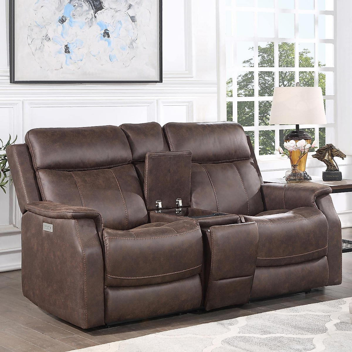 Steve Silver Co Walnut Nubuck Leatherette Power Loveseat with Hidden Storage, USB Port, and Dual Cupholders Love Seats, 74 x 41 x 41, Brown