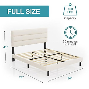 IYEE NATURE Full Bed Frame with Headboard,Sturdy Platform Bed with Wooden Slats Support,No Box Spring,Mattress Foundation,Easy Assembly,Beige
