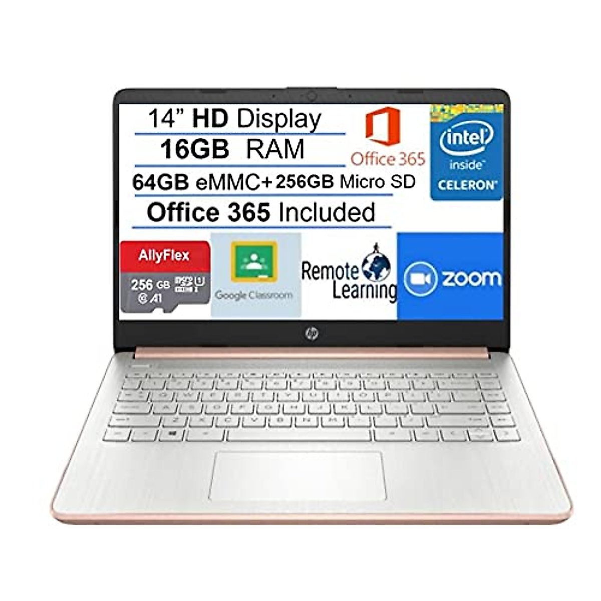 2021 Newest HP Stream 14" HD SVA Laptop Computer, Intel Celeron N4000 Processor, 16GB RAM, 320GB Space(64GB eMMC+256GB MSD), Office 365, HDMI, USB-C, Windows 10, Rose Gold, AllyFlex MP, Online Class