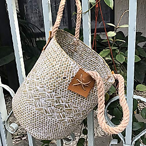 HANABASS Hanging Planters Hanging Flower Pot Multifunction Handmade Seagrass Braided Basket Flower Pot Desktop Storage Box Woven Laundry Basket(White Big) Hanging Indoor Planters Indoor Planter