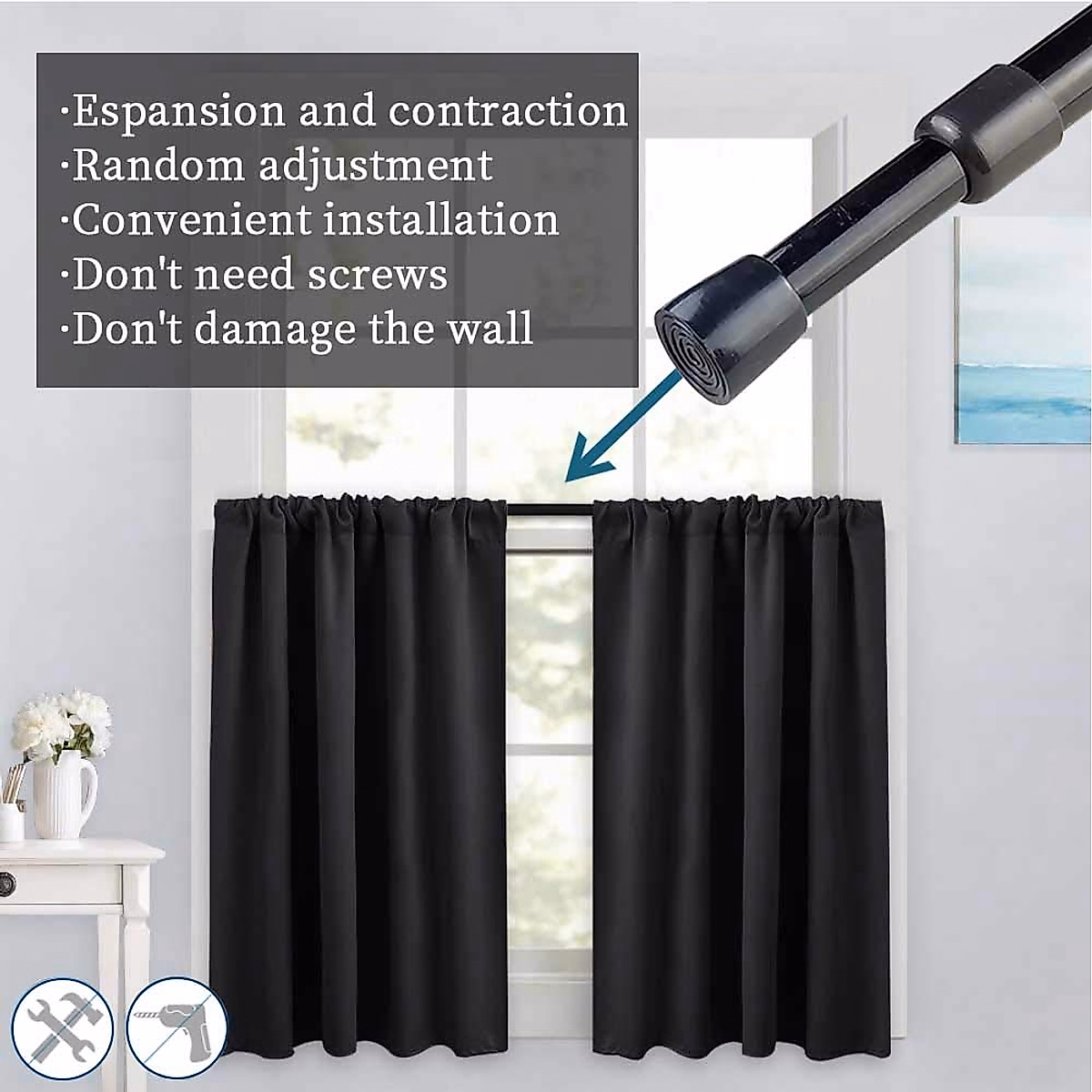 Spring Tension Curtain Rods 28-43 Inch Adjustable Spring Loaded Small Mini Extendable Heavy Duty Black Curtain Tension Rod For Kitchen, Bathroom, Window, Bookshelf,Closet