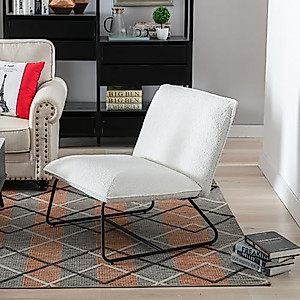 Ya-Home Modern Accent Chair, Upholstered Armless Living Room Chair Lounge Chair Sherpa Fabric with Black Metal Legs Guest Chair for Bedroom Reception Room, White