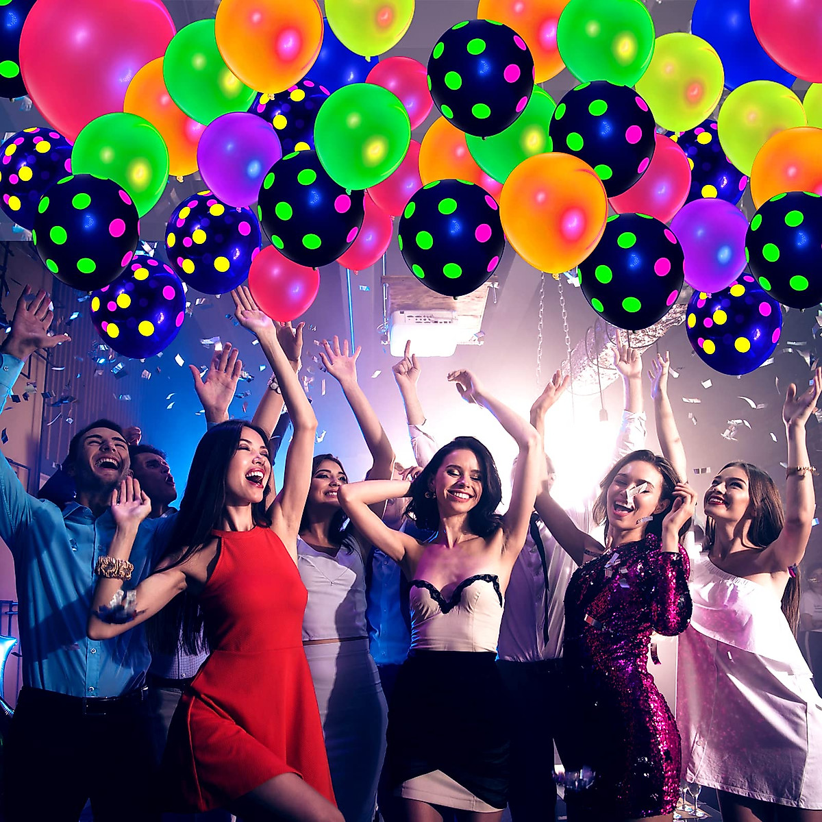 90 Pieces Neon Balloons, 12” UV Polka Dot Blacklight Balloons Glow in the Dark Luminous Helium Latex Balloon for Birthday, Wedding, Neon Party, Glow Party Decorations Supplies