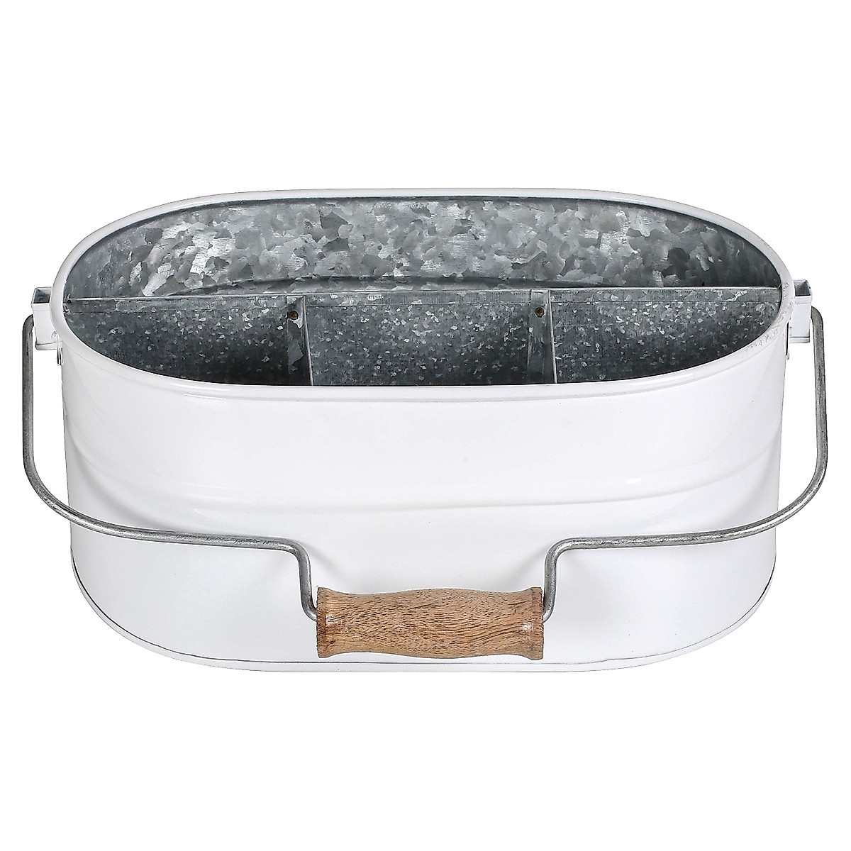 Bedding Craft Farmhouse Utensil Caddy -All Serveware - Galvanized Metal Organizer for Kitchen Counter,Metal Caddy,Wooden Handle Indoor/Outdoor Storage For Flatware, Condiments, Party Cutlery - White