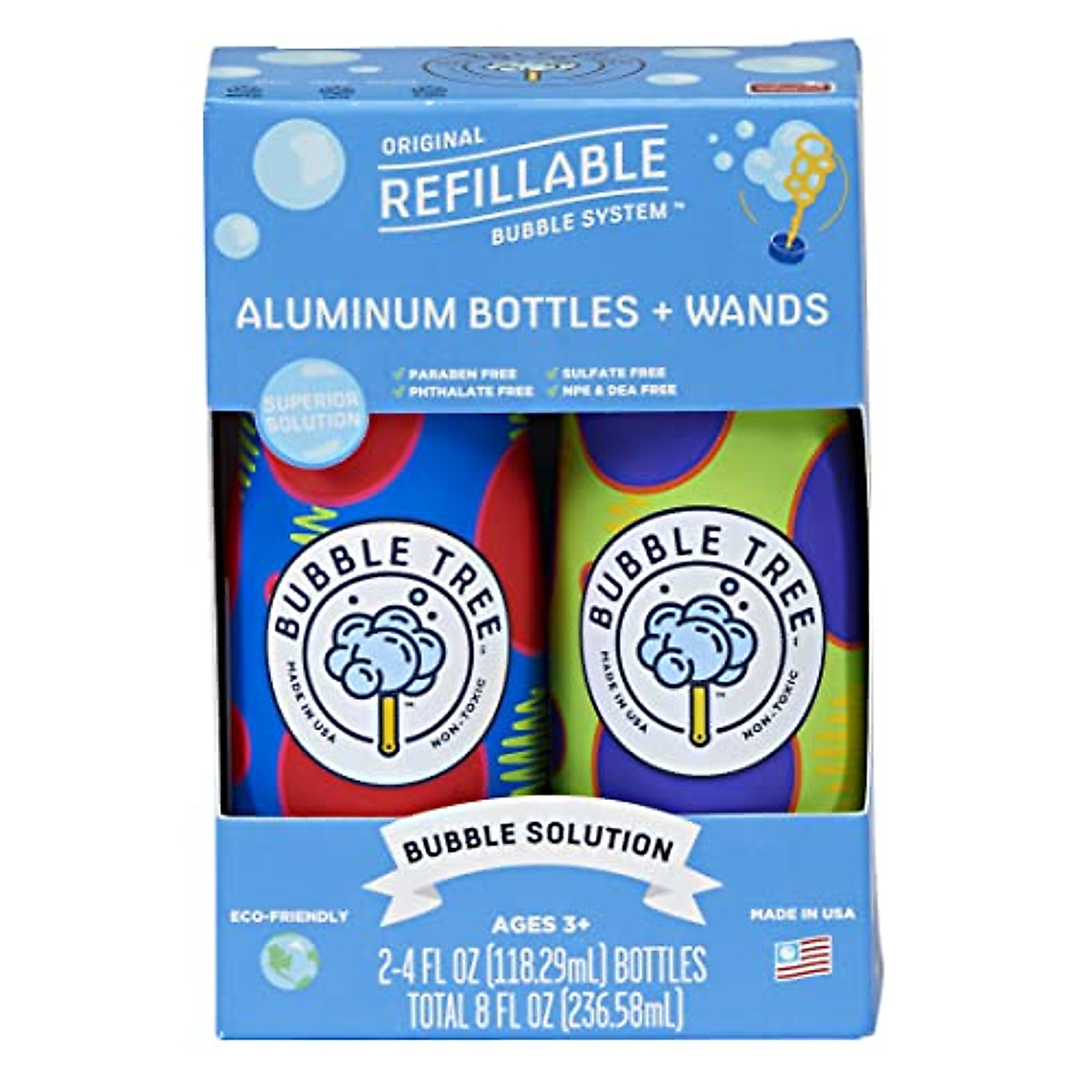 Sustainable Bubble Tree Original Refillable Bubble System Aluminum Bottles (2 Pack of Bubble Solution Made in The USA)