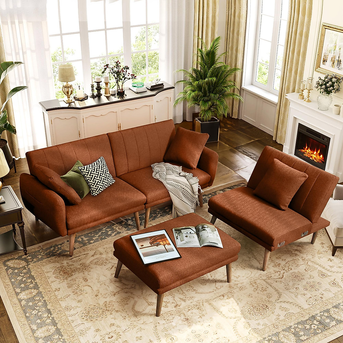 jamege Sectional Couch Sofa Bed, L-Shaped Linen Fabric Sofa Sleeper with Reclining Backrest and Removable Ottoman for Apartment Living Room