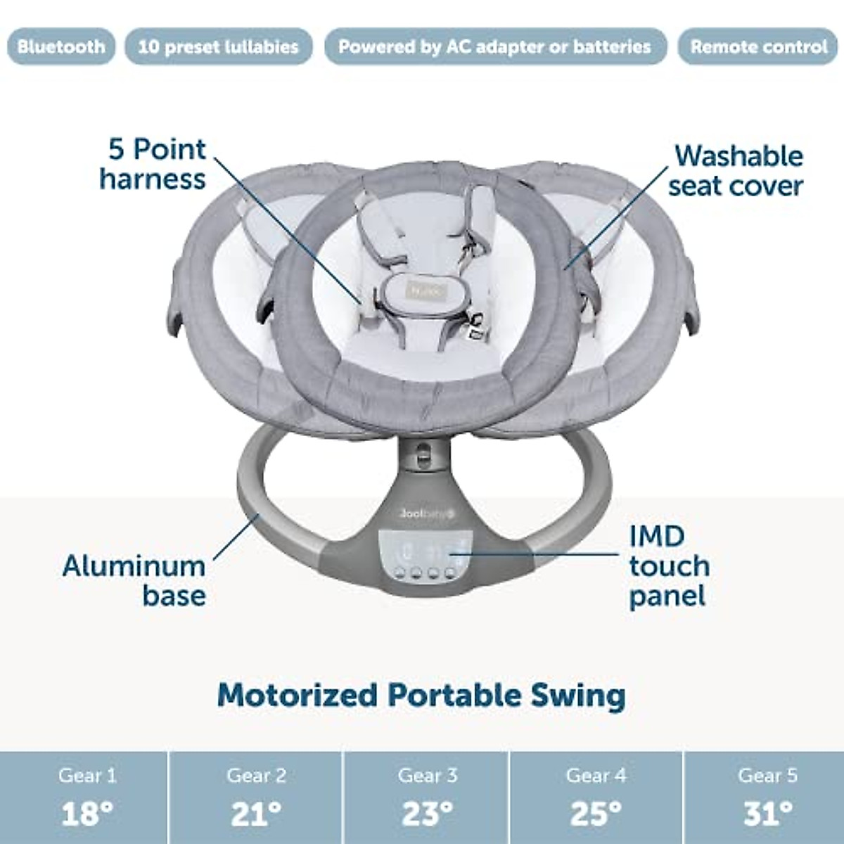 Nova Baby Swing for Infants - Motorized Bluetooth Swing, Music Speaker with 10 Preset Lullabies, Remote Control, Gray - Jool Baby