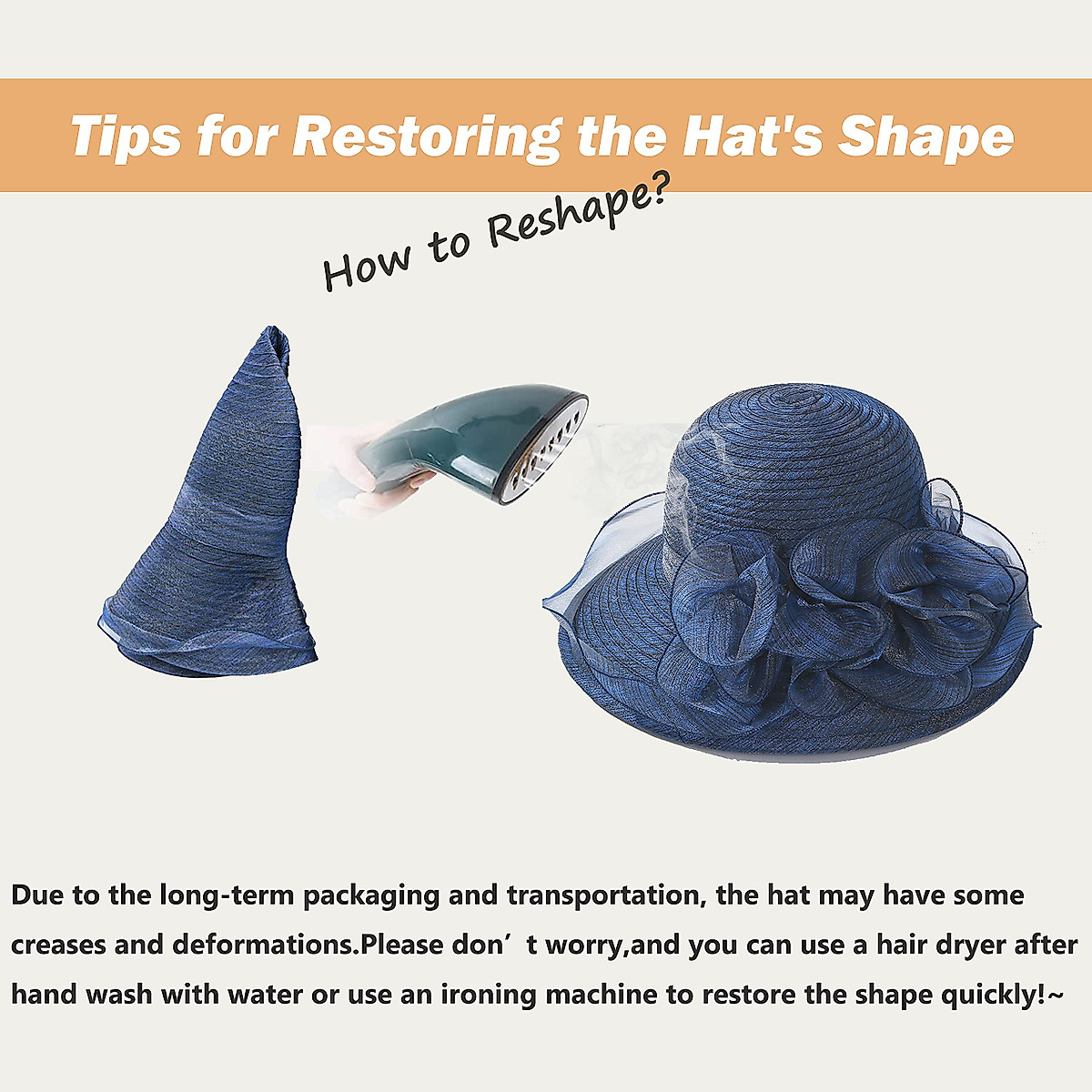 Wide-Brim-Kentucky-Hat Sun-Hat for Womens Foldable UV-Protection Summer-Derby-Tea-Party-Fascinator-Hats(M/L) Navy