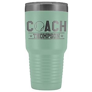 Personalized Tennis Coach Tumbler Cup With Name - Custom Insulated Engraved Travel Mug - Teal