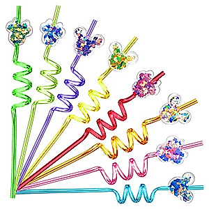 Glitter Sequin Mouse Theme Birthday Party Favors Nicky Mouse Straws, Mouse Shape Reusable Plastic Drinking Straws 8 Designs for Kids Birthday Party 24Pcs with 2 Cleaning Brush