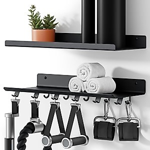 Crostice 2-Tier Floating Shelf Compatible with Tonal Accessories, Shelf for Home Gym Storage, Gym Rack Wall Mount Organizer, Workout Metal Shelf Holder, T-Bracket Lock Adapter Hanger, Shelf with Hooks