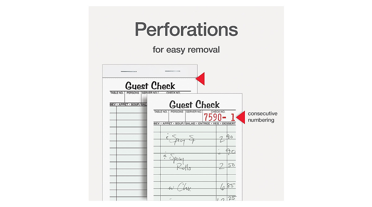 Adams Guest Check Pads - 50 Sheets, Perforated Receipt, White