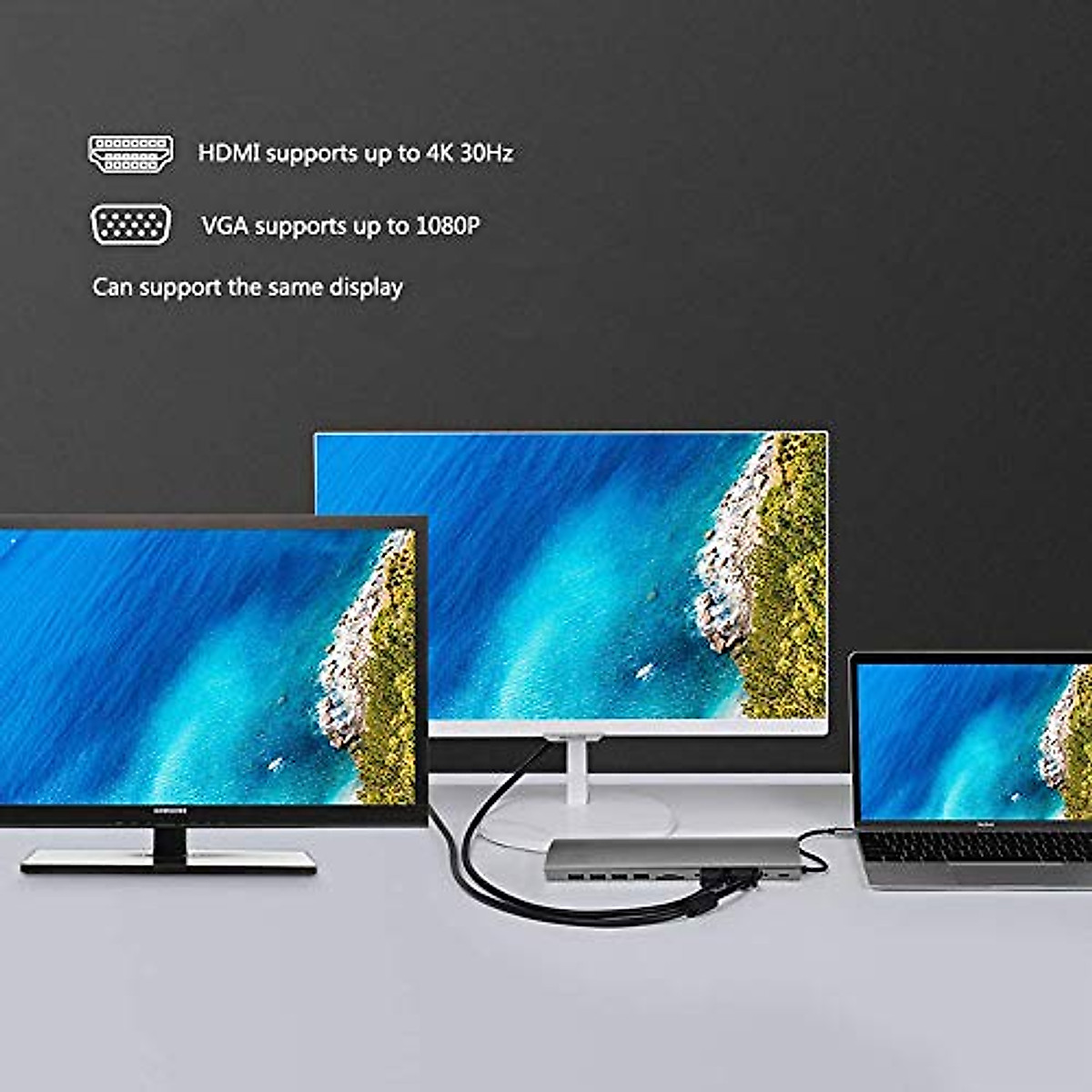 XUNMAIFHB Portable Docking Station, HUB Type-C 11-in-1 Multi-Function Docking Station Type c to HDMI HD hub USB3.0, USB C, LAN, Audio, VGA, SD/TF Fast Transmission