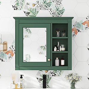 Royard Oaktree Bathroom Wall Mirror Cabinet, Modern Medicine Cabinet with Single Door and Adjustable Shelf, Over The Toilet Space Saver Storage Cabinet with 3 Open Shelves, Green