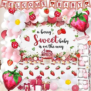 147pcs Strawberry Baby Shower Decorations Kit, A Berry Sweet Baby is on the Way Decorations Supplies, Strawberry Backdrop Tablecloth Balloon Cake Cupcake Topper Box Sash Banner for Baby Shower Girl