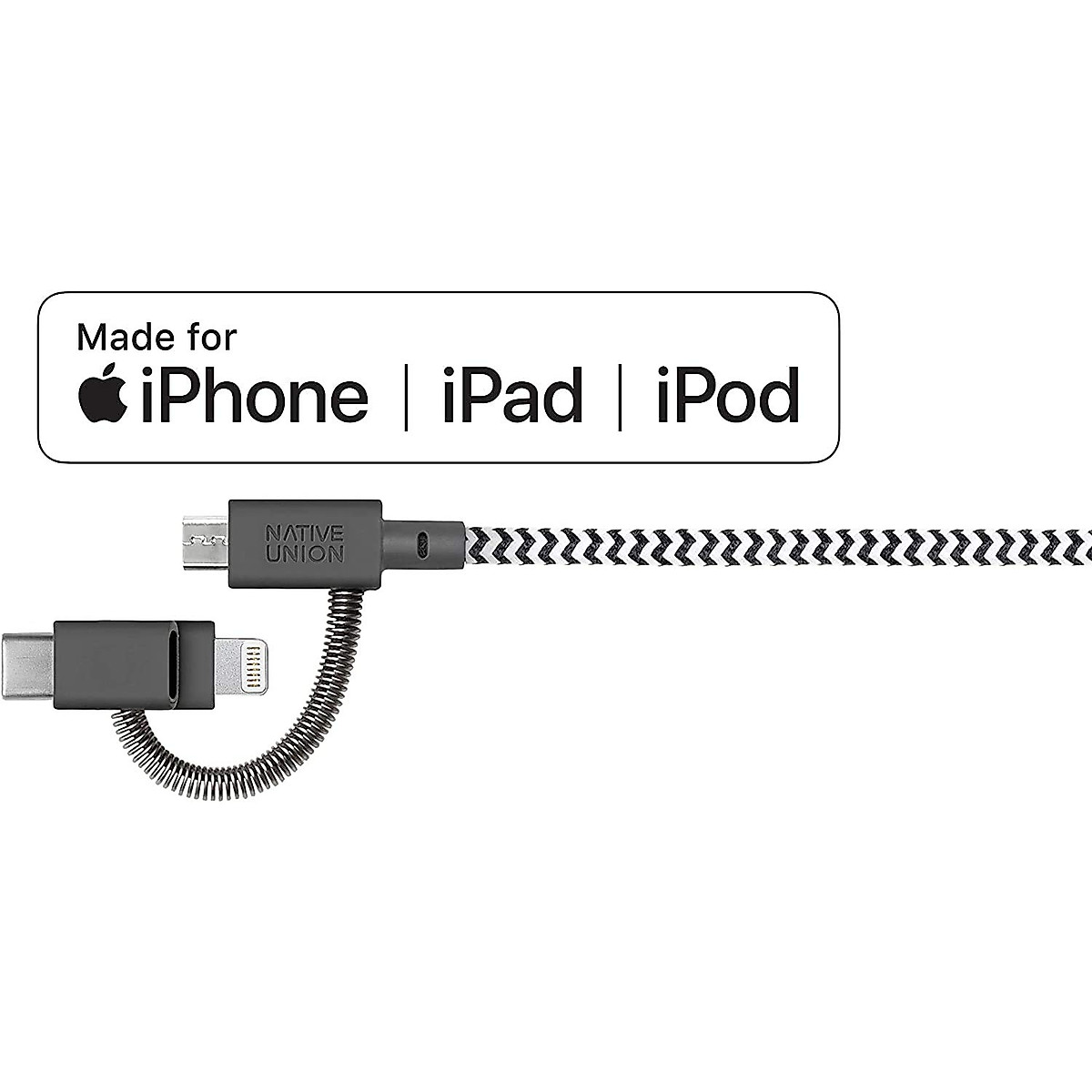 Native Union Belt Cable Universal - 6.5ft Ultra-Strong Reinforced [MFi Certified] Durable Charging Cable with 3-in-1 Adaptor for Lightning, USB-C and Micro-USB Devices (Zebra)