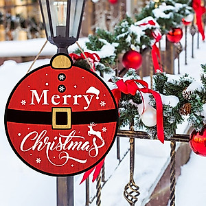FWIEXA Christmas Door Hanger Decorations, Funny Santa Claus Merry Christmas Door Sign, Round Christmas Wooden Signs for Front Door Home Farmhouse Decor (12''x 11'')