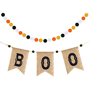 Halloween Banner Burlap Boo Banner Fireplace Banner Wool Felt Ball Garland Happy Halloween Banner Halloween Decor for Party Halloween Birthday Fireplace Carnival Decorations