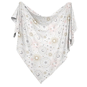 Sweet Jojo Designs Star and Moon Baby Girl Swaddle Blanket Jersey Stretch Knit for Newborn or Infant Receiving Security - Blush Pink, Gold, and Grey Celestial