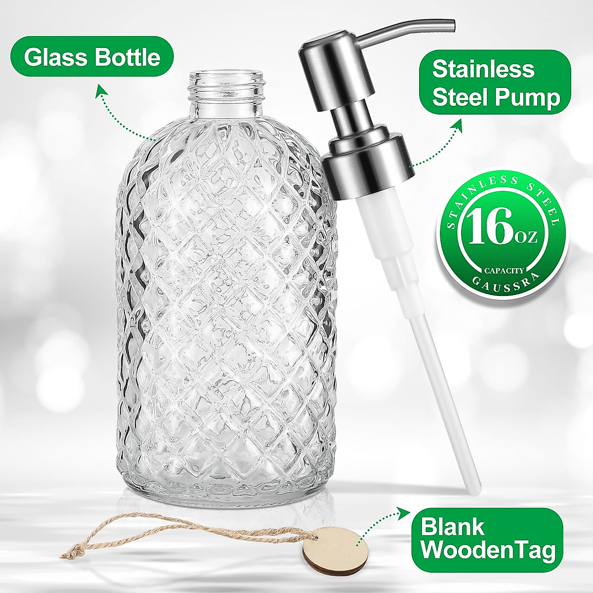 MOCLIF 16 OZ Clear Soap Dispenser with 304 Rustproof Stainless Steel Pump Bathroom Kitchen,Soap Dispenser,Refillable Liquid Glass Soap Dispenser for Hand Soap, Dish Soap, Lotion(Clear)