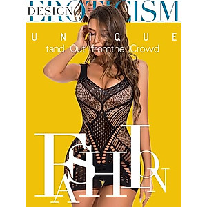 SeaFever Sexy Lingerie for Women Fishnet See Through Bodysuit One Piece V-Neck Mini Dress Intimates Sex Clearance Strapless Mesh Chemise Babydoll (Black)