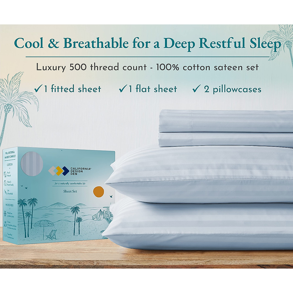 California Design Den - Finest Luxe Full Size Sheet Set Soft 100% Cotton Cooling Sheets Deep Pockets Snug Fit Elastic, 500 Thread Count, 4-Pc Set, Damask Stripe Bed Sheets (Stripe - Sky Blue)