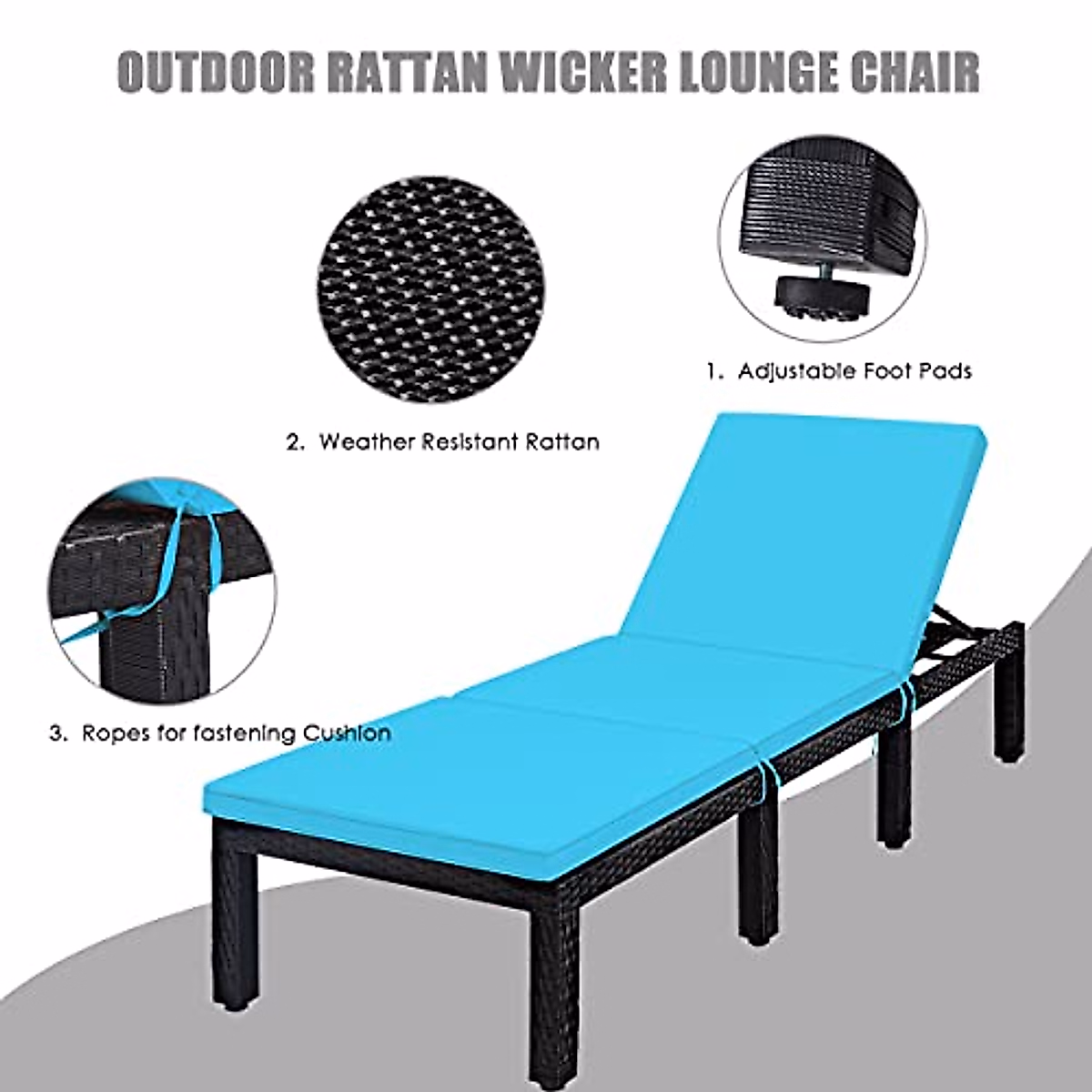 RELAX4LIFE Patio Wicker Lounge Chair - Rattan Reclining Chair w/Adjustable Backrest & Removable Cushion, Modern Rattan Furniture for Garden, Balcony, Backyard, Outdoor Chaise Lounge (1, Turquoise)