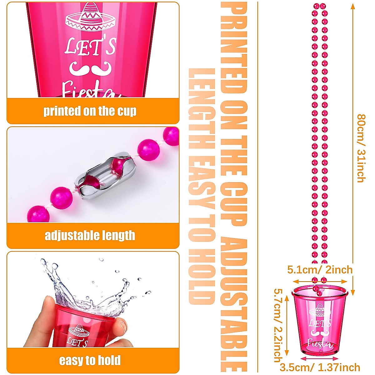 12 Packs Let's Fiesta Shot Glass Necklaces Bead Cinco De Mayo Necklace Plastic Shot Glasses Party Necklaces Mexican Shot Necklace Cup for Bachelorette Party Favors Fiesta Party Supplies, Multi Color