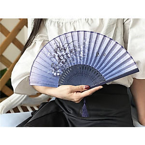 OMyTea® "Grassflowers 8.27"(21cm) Hand Held Folding Fans - With a Fabric Sleeve for Protection for Gifts - Chinese/Japanese Vintage Retro Style (Blue)