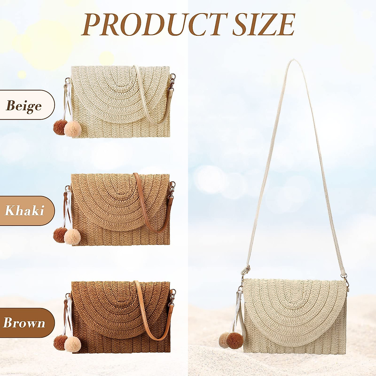 3 Pieces Straw Crossbody Bag for Women Shoulder Bags Purse Beach with Pompom Summer Envelope Wallet, Khaki, Brown, Beige