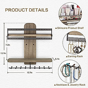 SOLIMINTR Jewelry Organizer Wall Mounted Skincare Product Organizer with Rod Rustic Wood Hanging Storage Shelves Rack Double-layer Holder Display for Necklaces Earrings Bracelet Ring Weathered Grey
