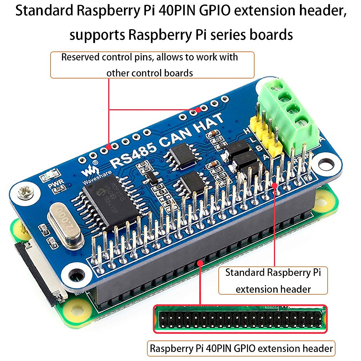 RS485 CAN HAT for Raspberry Pi 4B/3B+/3B/2B/B+/A+/Zero/Zero W/WH/Zero 2W, Long-Distance Communication via RS485/CAN Function Onboard CAN Controller MCP2515 via SPI Interface Transceiver SIT65HVD230DR
